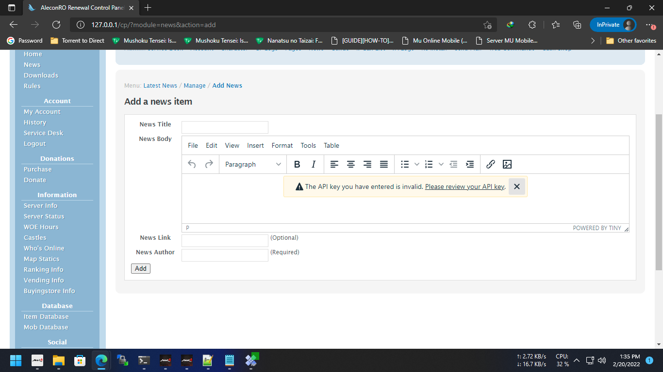 The API key you have entered is invalid. Please review your API key ...