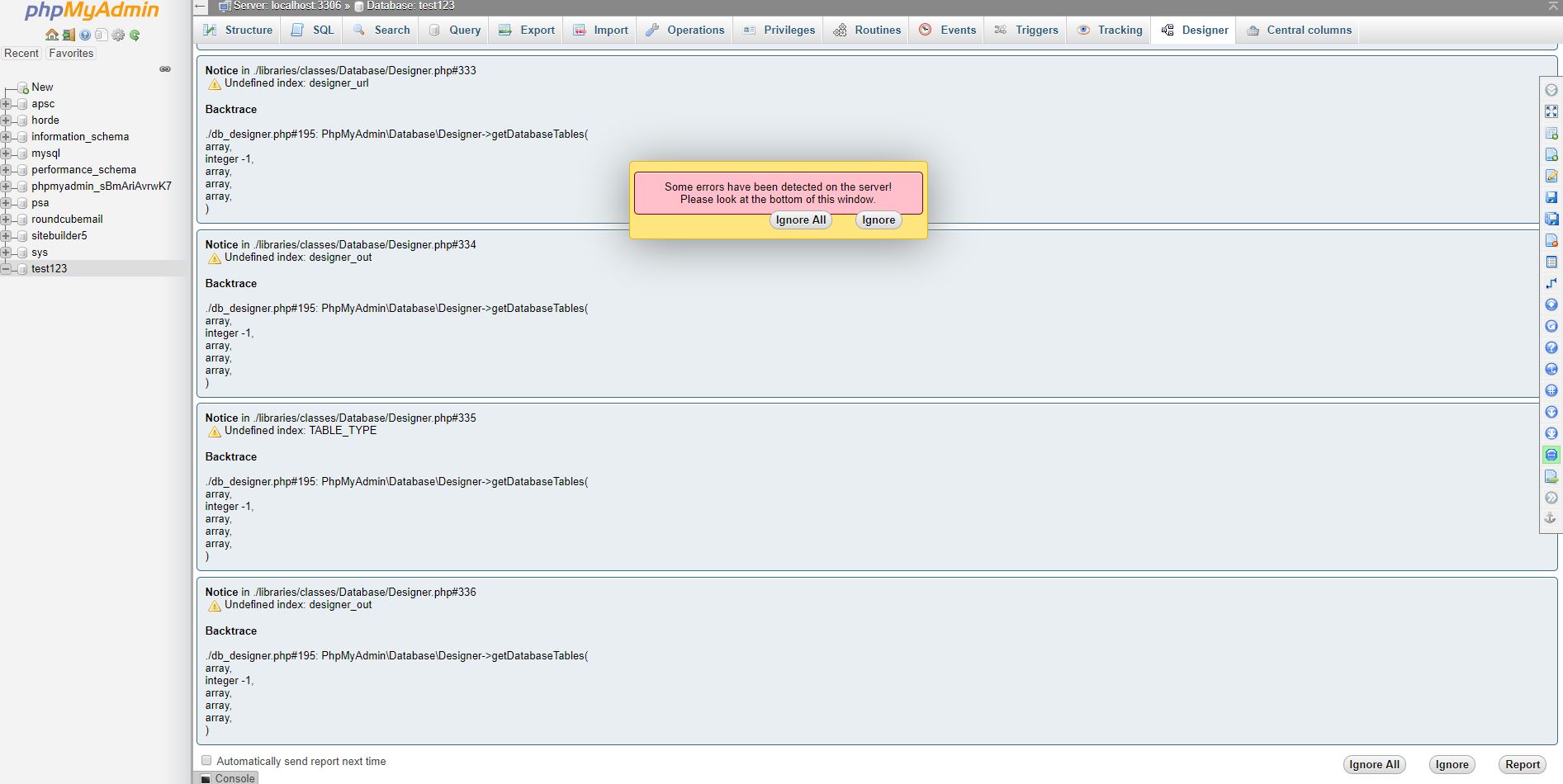 Designer show errors if database is empty · Issue #14617 · phpmyadmin/phpmyadmin · GitHub