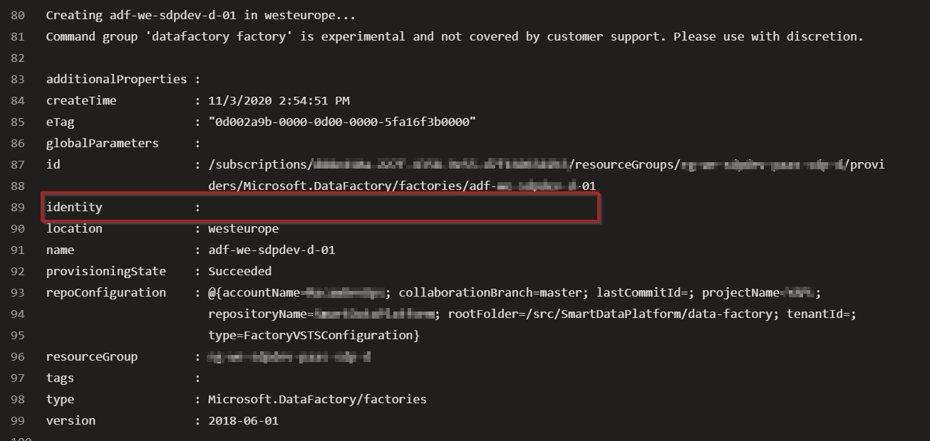 Identity Is Empty After Creating Azure Datafactory With Azure Devops