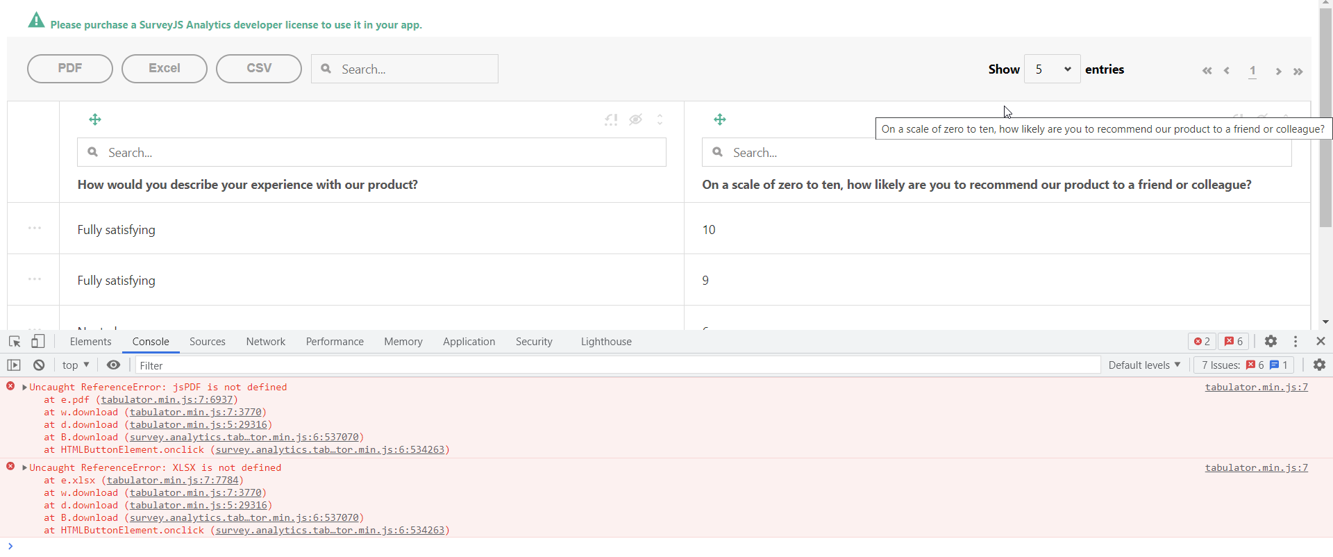 Buttons that export to PDF and Excel should be hidden when jsPDF and XLSX are not configured ...
