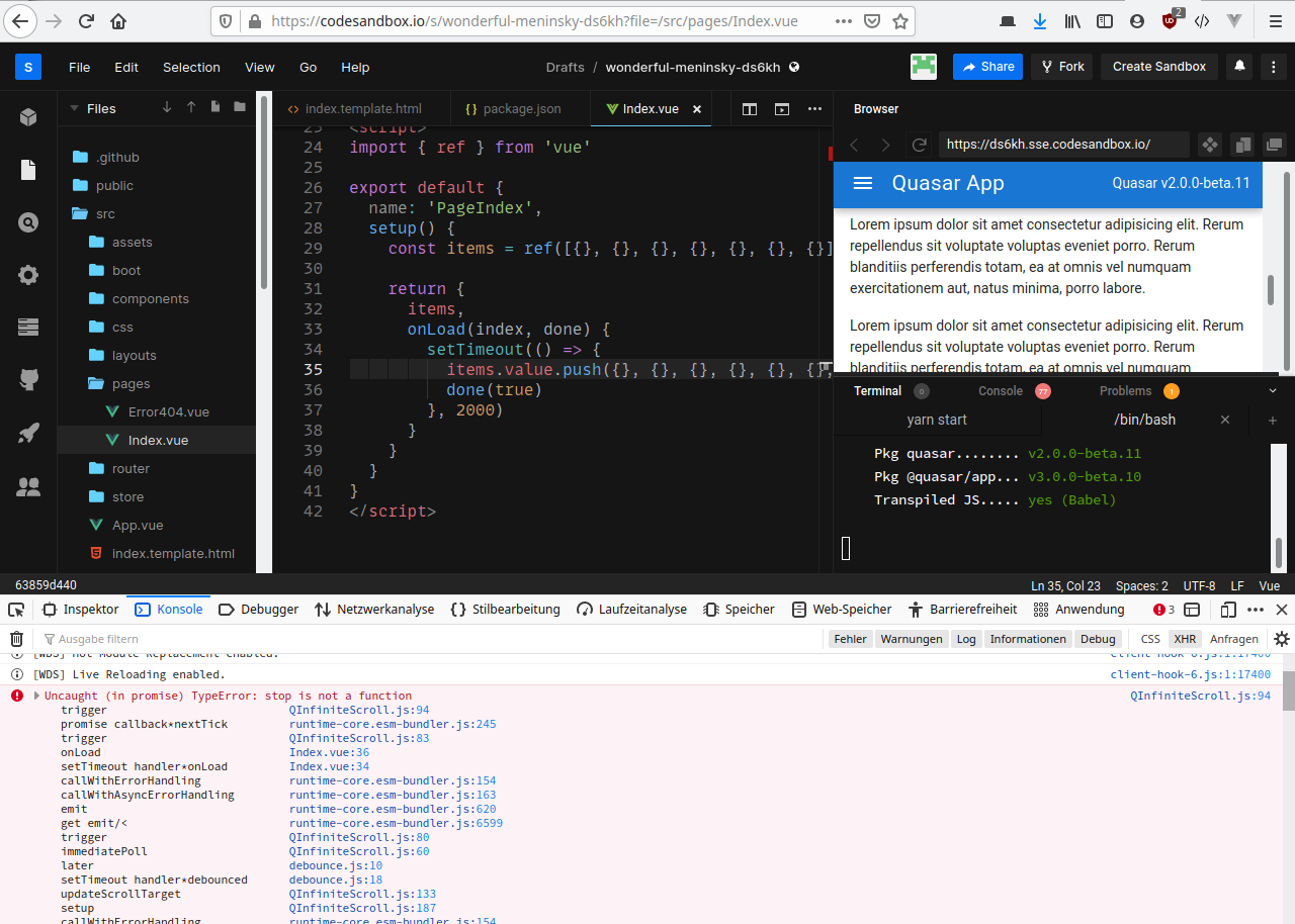 Qinfinitescroll Done Callback Typeerror Stop Is Not A Function · Issue 8697 · Quasarframework 7379