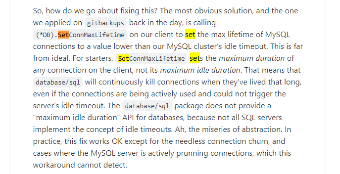 Question about SetConnMaxLifetime and SetConnMaxIdleTime · Issue #1302 · go-sql-driver/mysql ...