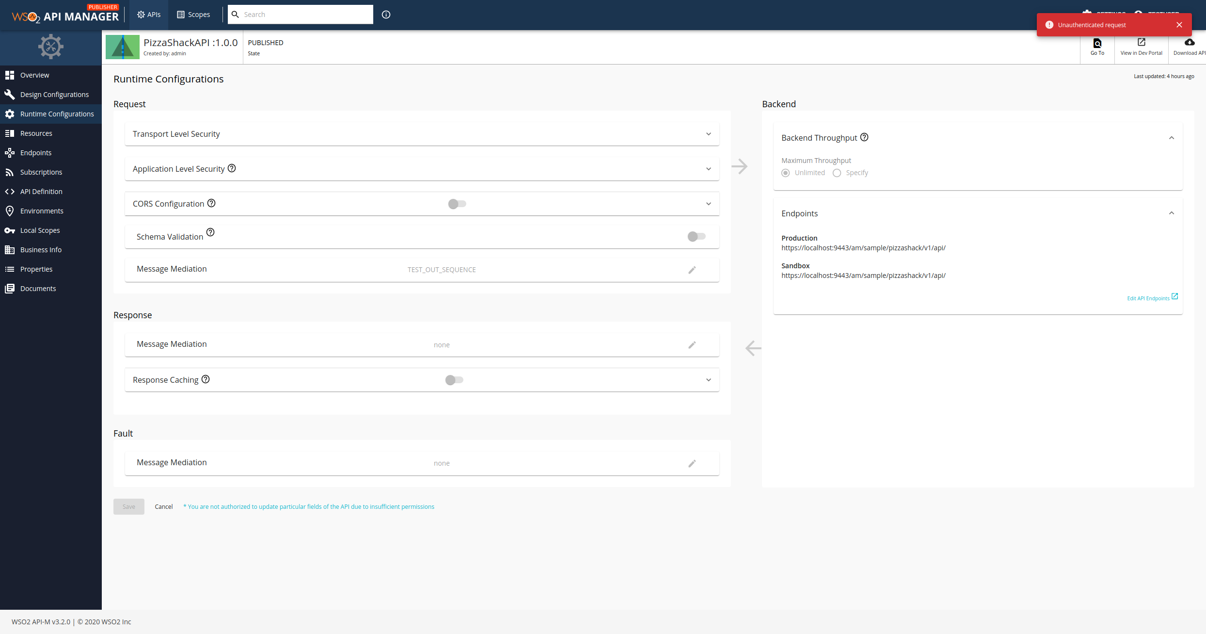 Unauthenticated Request error when loading the Runtime Configurations ...