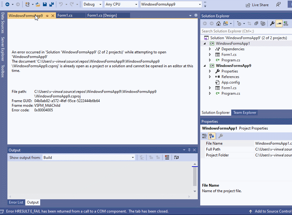 An error occurred after changing the target version of framework project in the solution which ...