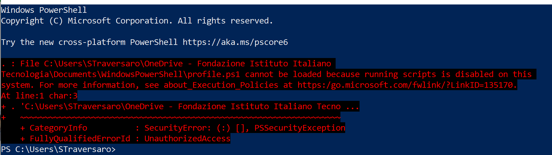 Problem in activating environment in Powershell in Windows when powershell profile is stored in ...
