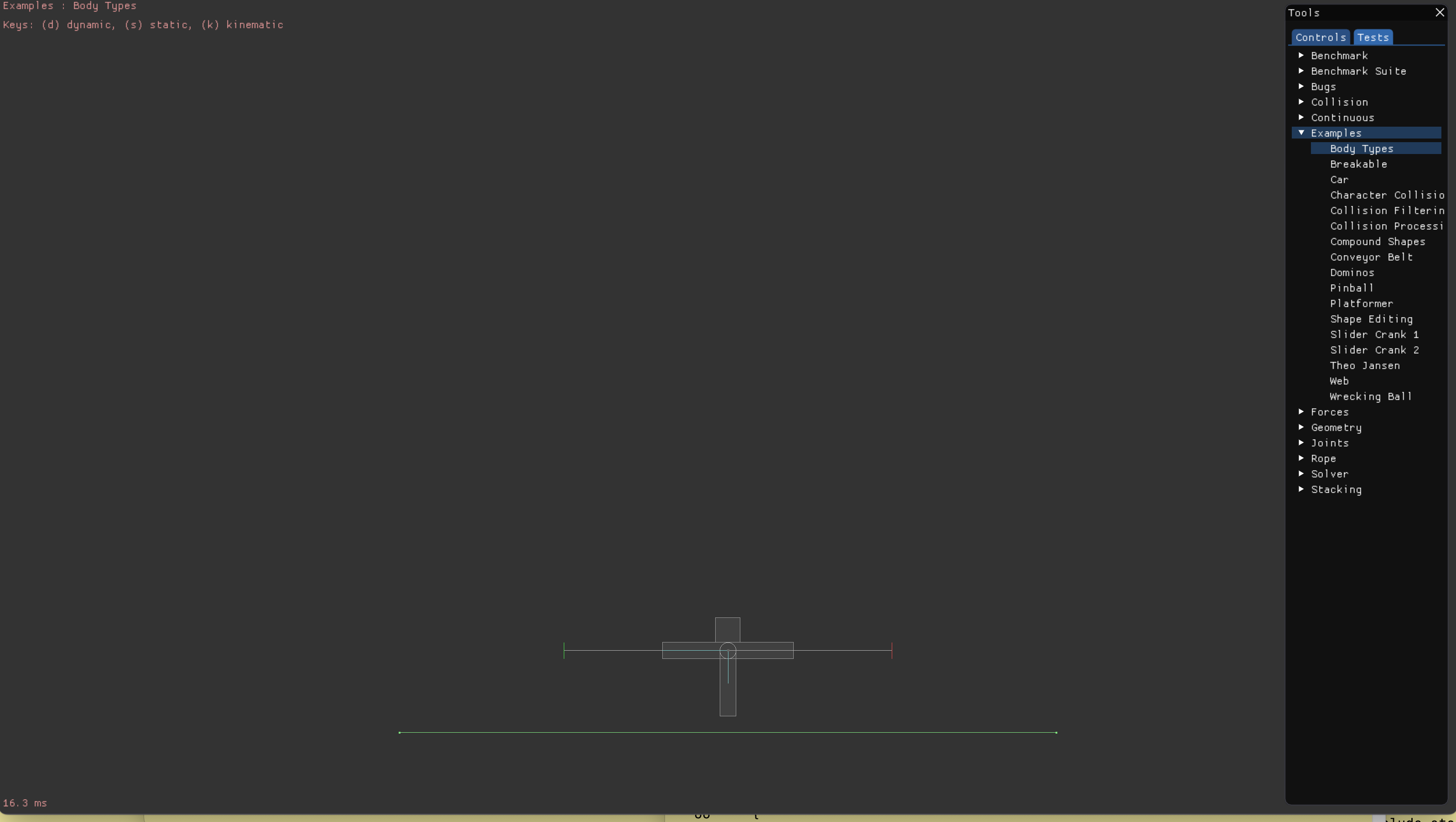 The testbed(Debug) 'Examples/Body Types' crashed when changed body type ...