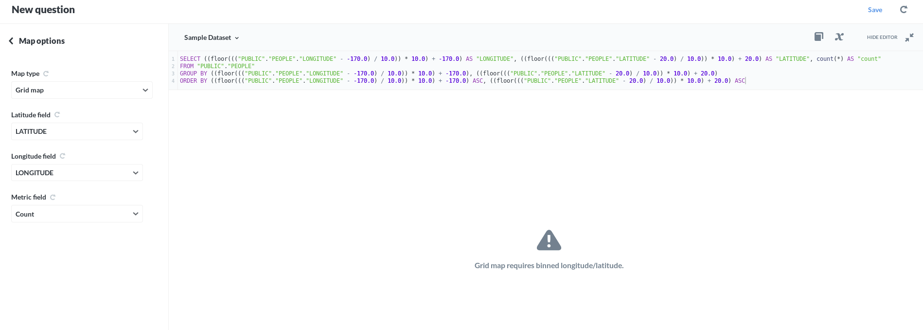 Converting question to raw SQL broken for grouped by questions using latitude or longitude ...