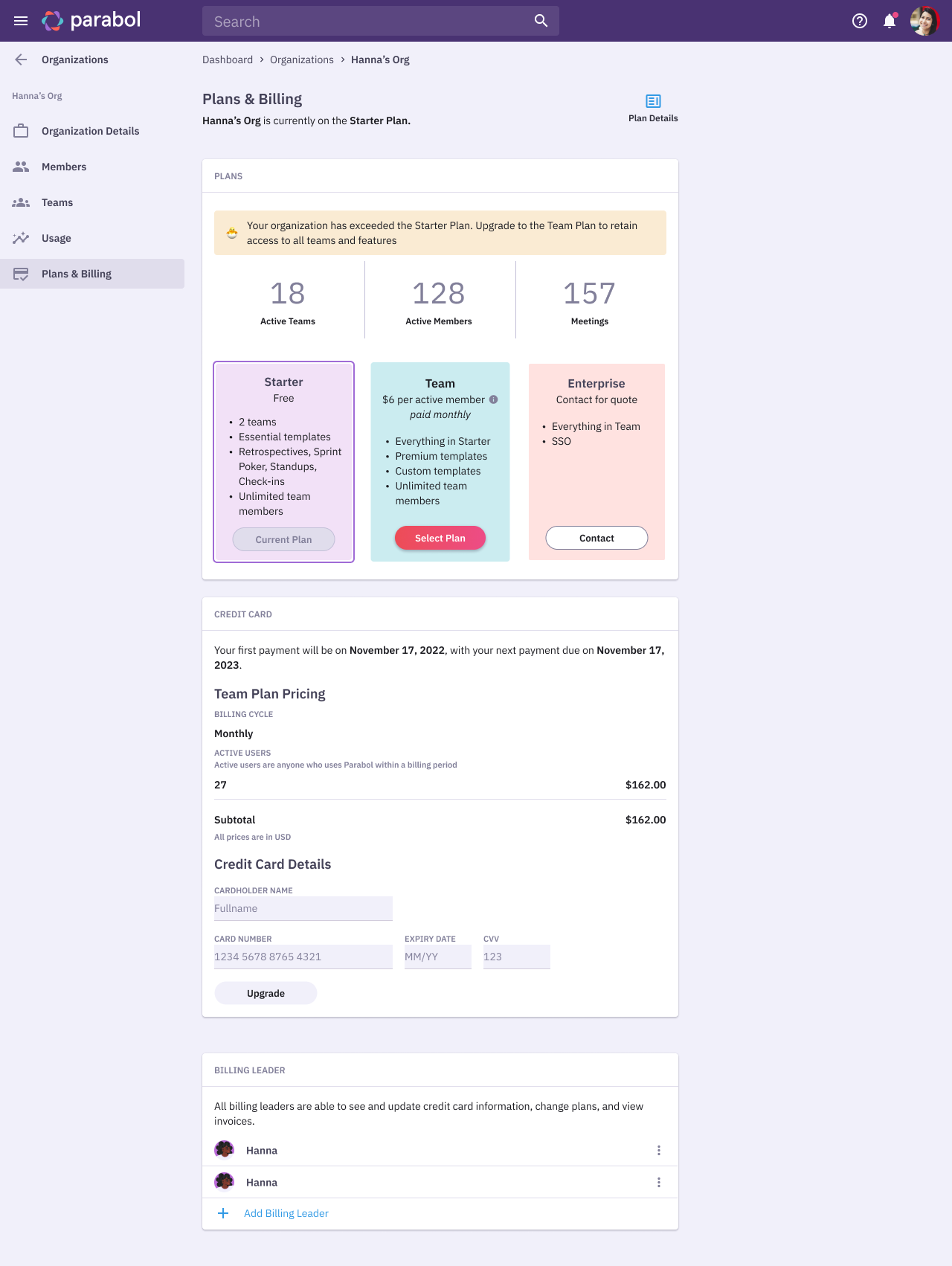 Design for new billing view · Issue #7555 · ParabolInc/parabol · GitHub