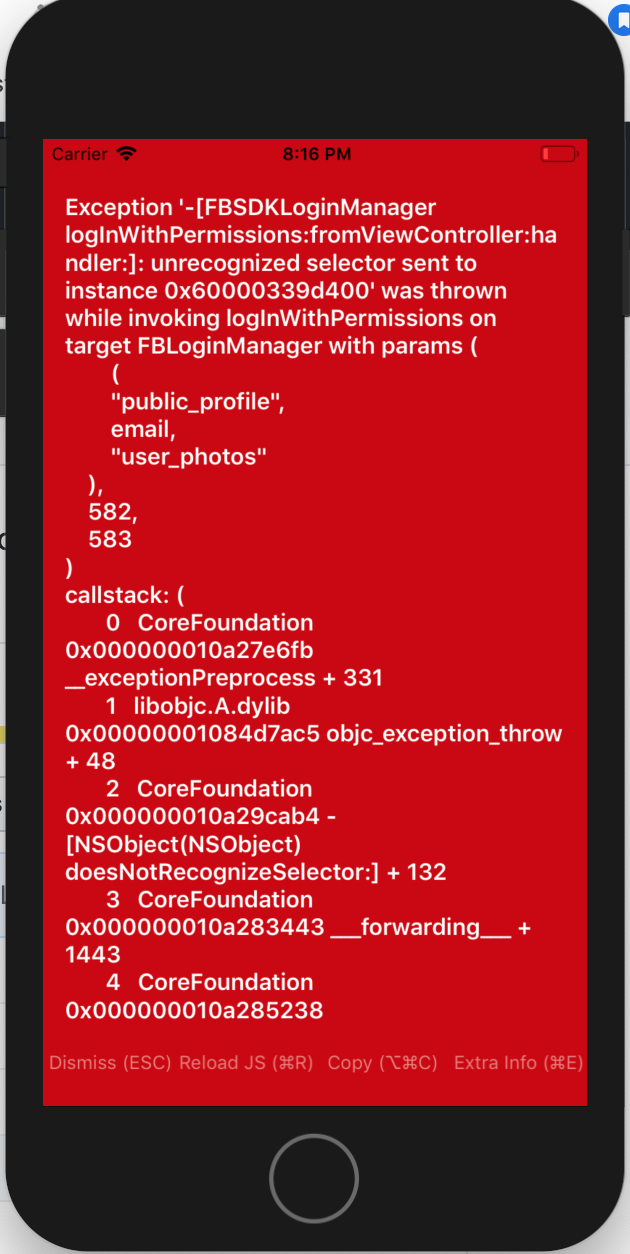 Exception '-[FBSDKLoginManager logInWithPermissions:fromViewController:handler:]: unrecognized ...
