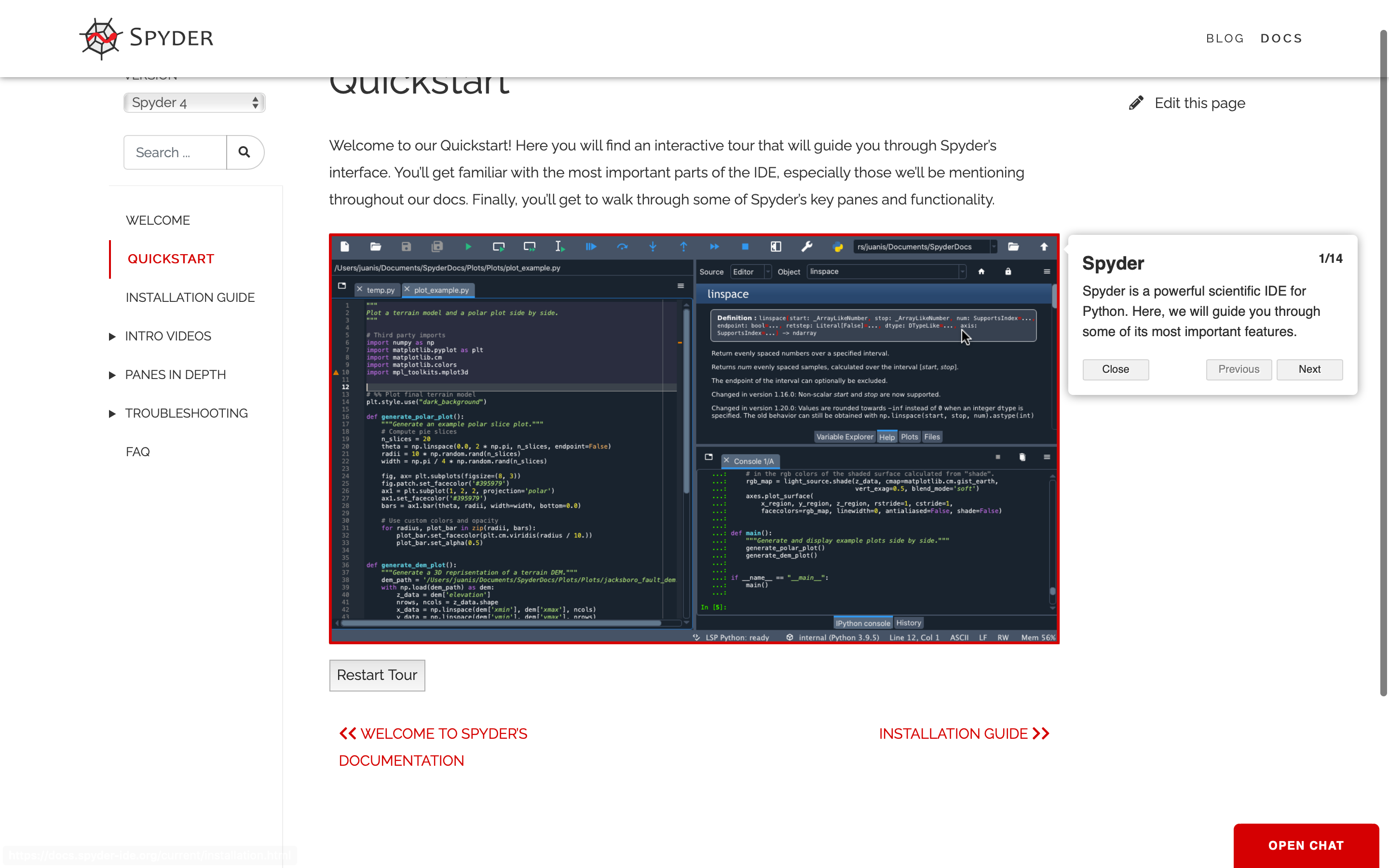 Quickstart displaying Spyder 5 mainwindow screenshot in Spyder 4 docs ...