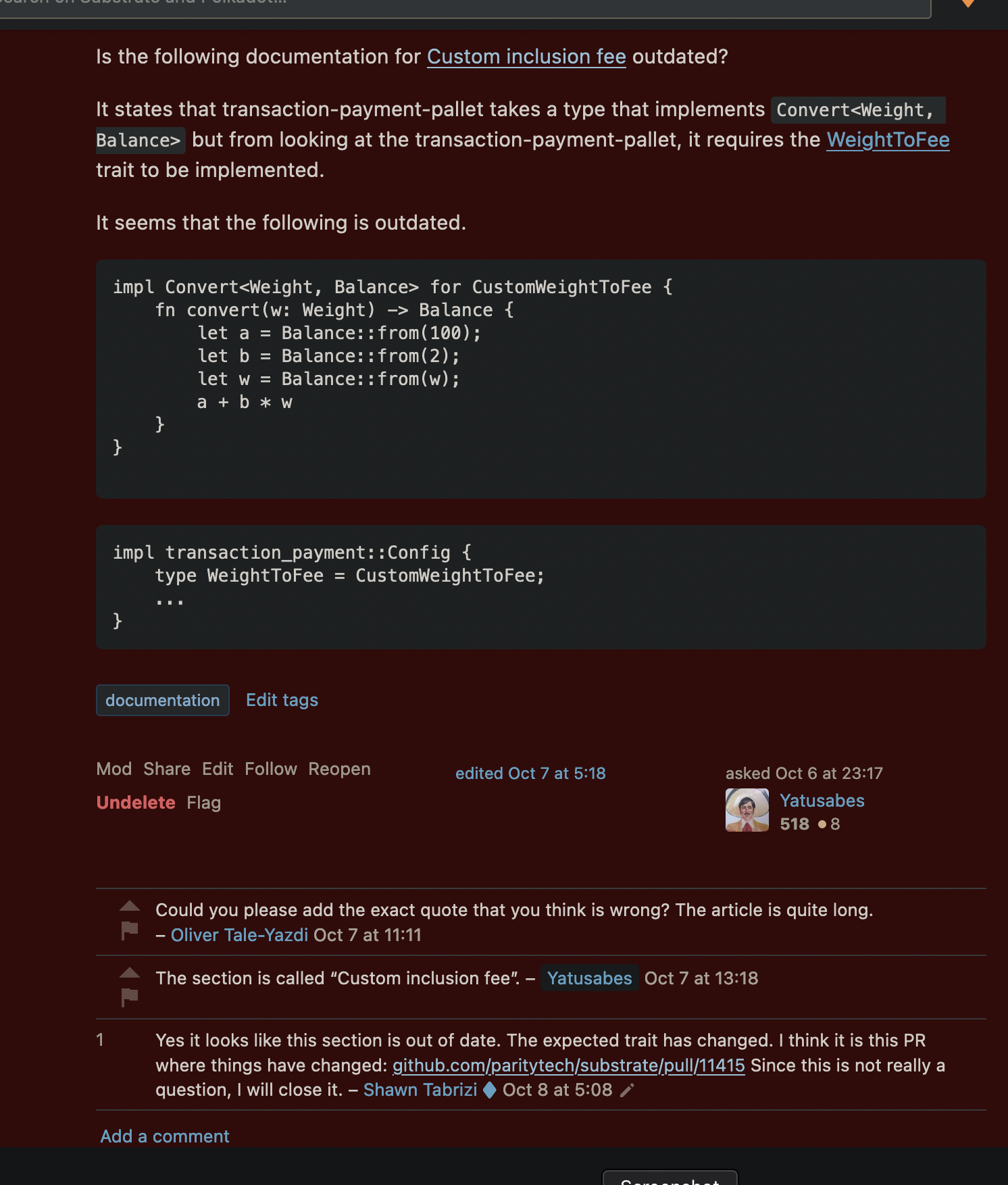 Update Needed To Weight Fee Documentation · Issue 1576 · Polkadot