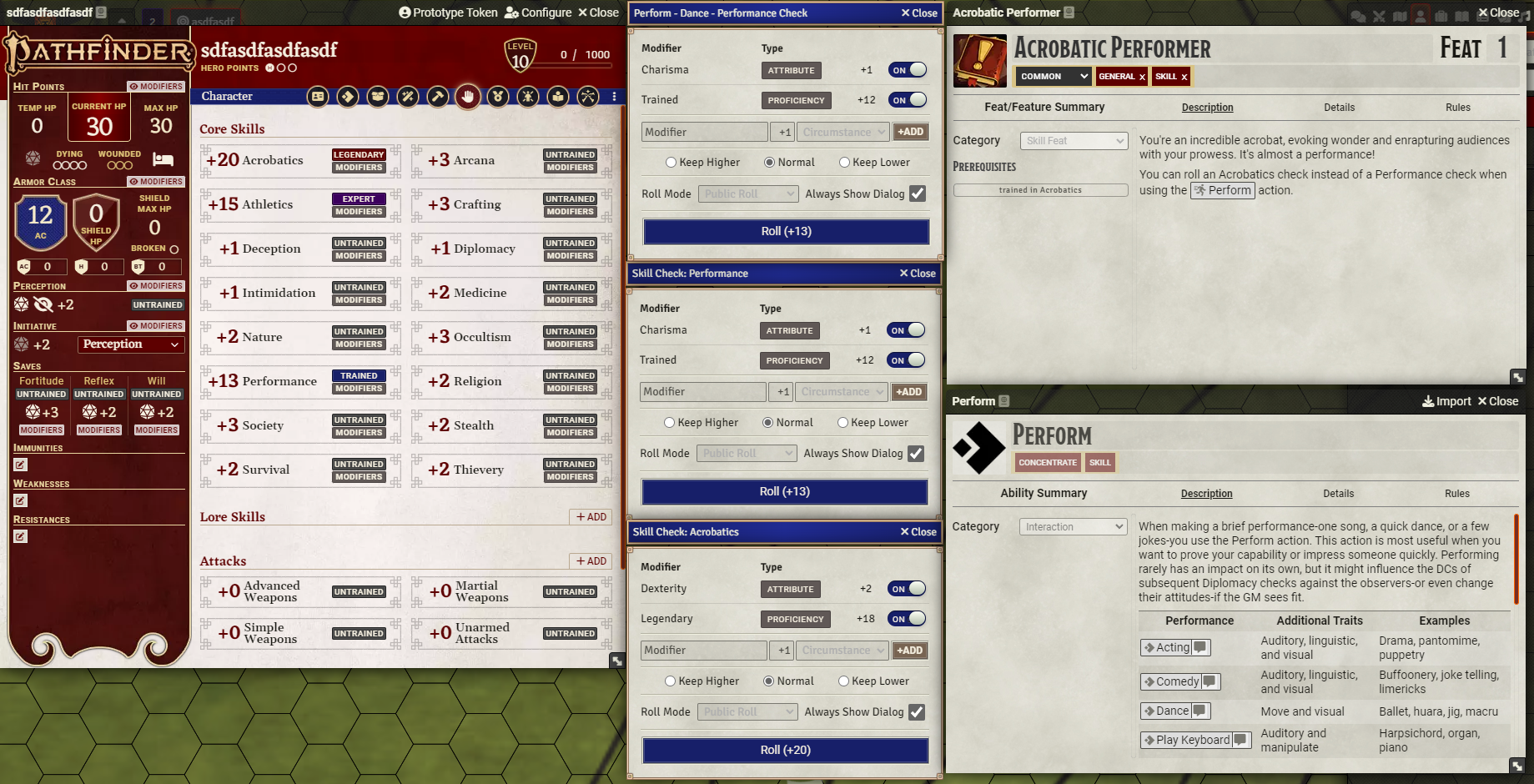 Acrobatic Performer feat is not applying to perform rolls · Issue #11353 · foundryvtt/pf2e · GitHub