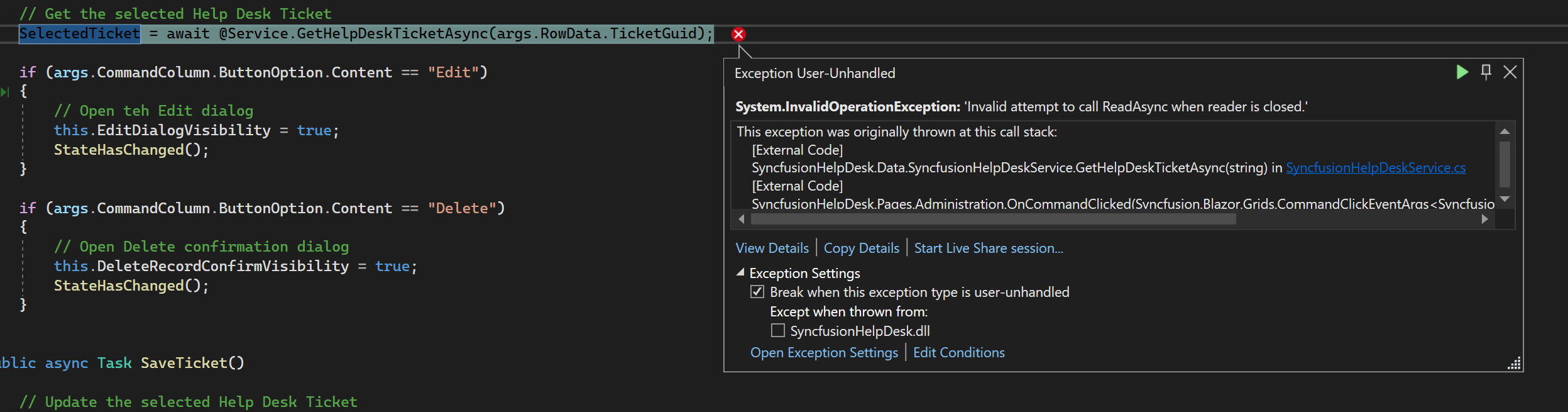When I try to delete or edit a record I get a System.InvalidOperationException: 'Invalid attempt ...
