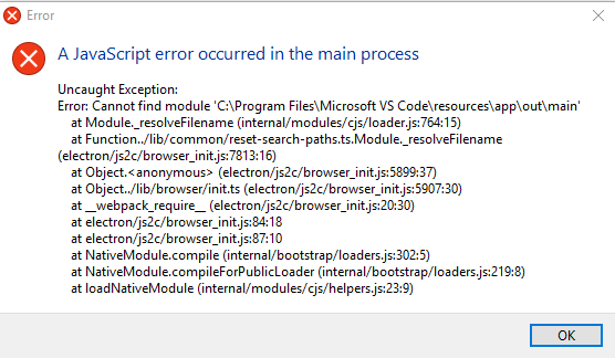 A Javascript Error Occurred In The Main Process · Issue 105497 · Microsoftvscode · Github