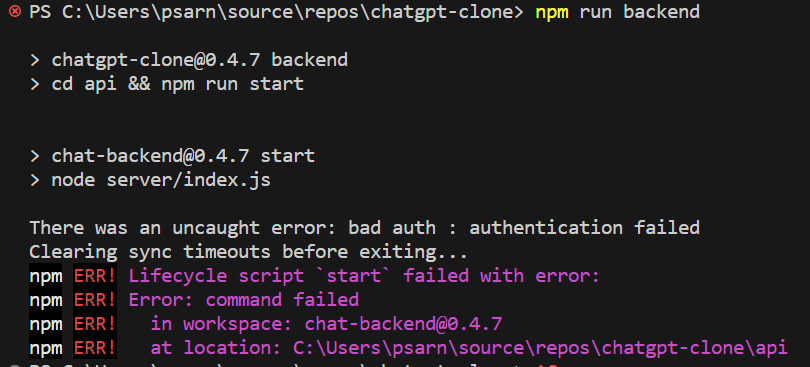 [Bug]: 0.4.7 - npm run backend - bad auth : authentication failed · Issue #407 · danny-avila ...