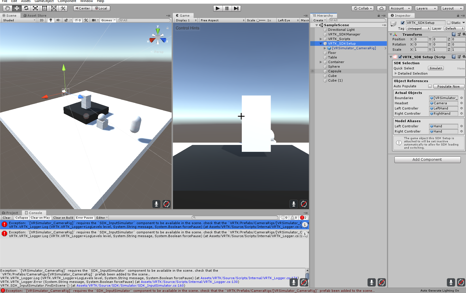 `[VRSimulator_CameraRig]` requires the `SDK_InputSimulator` component ...