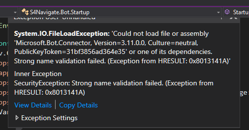 [Question] On updating to Microsoft.Bot.Connector v3.11.0.0 triggers error: "Strong Name ...