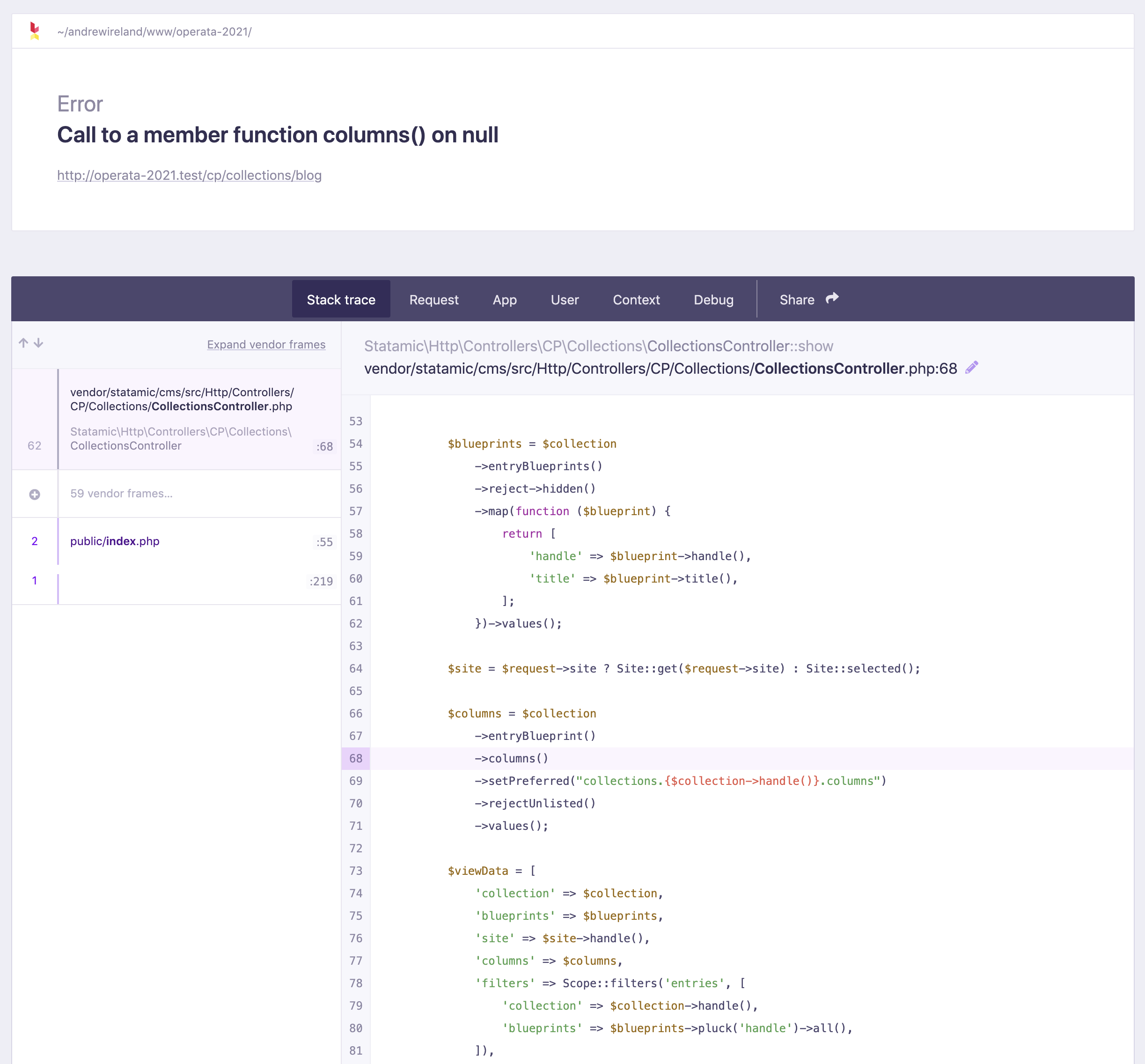 Collection Error upon upgrading to 3.0.47 | Error Call to a member function columns() on null ...