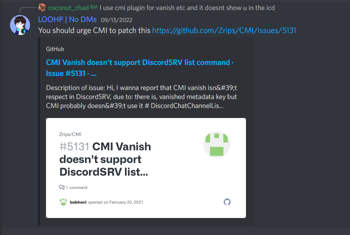 Vanish issue opened a year ago - DiscordSRV · Issue #7338 · Zrips/CMI · GitHub
