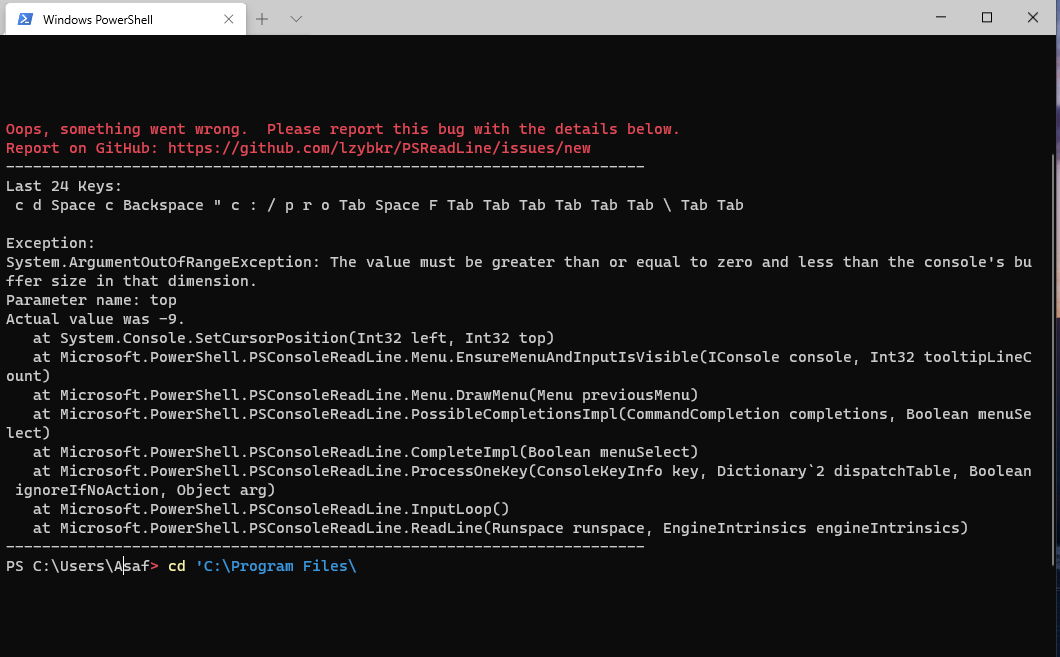 Argumentoutofrangeexception When Navigating To Folder · Issue 2251 · Powershell Psreadline · Github