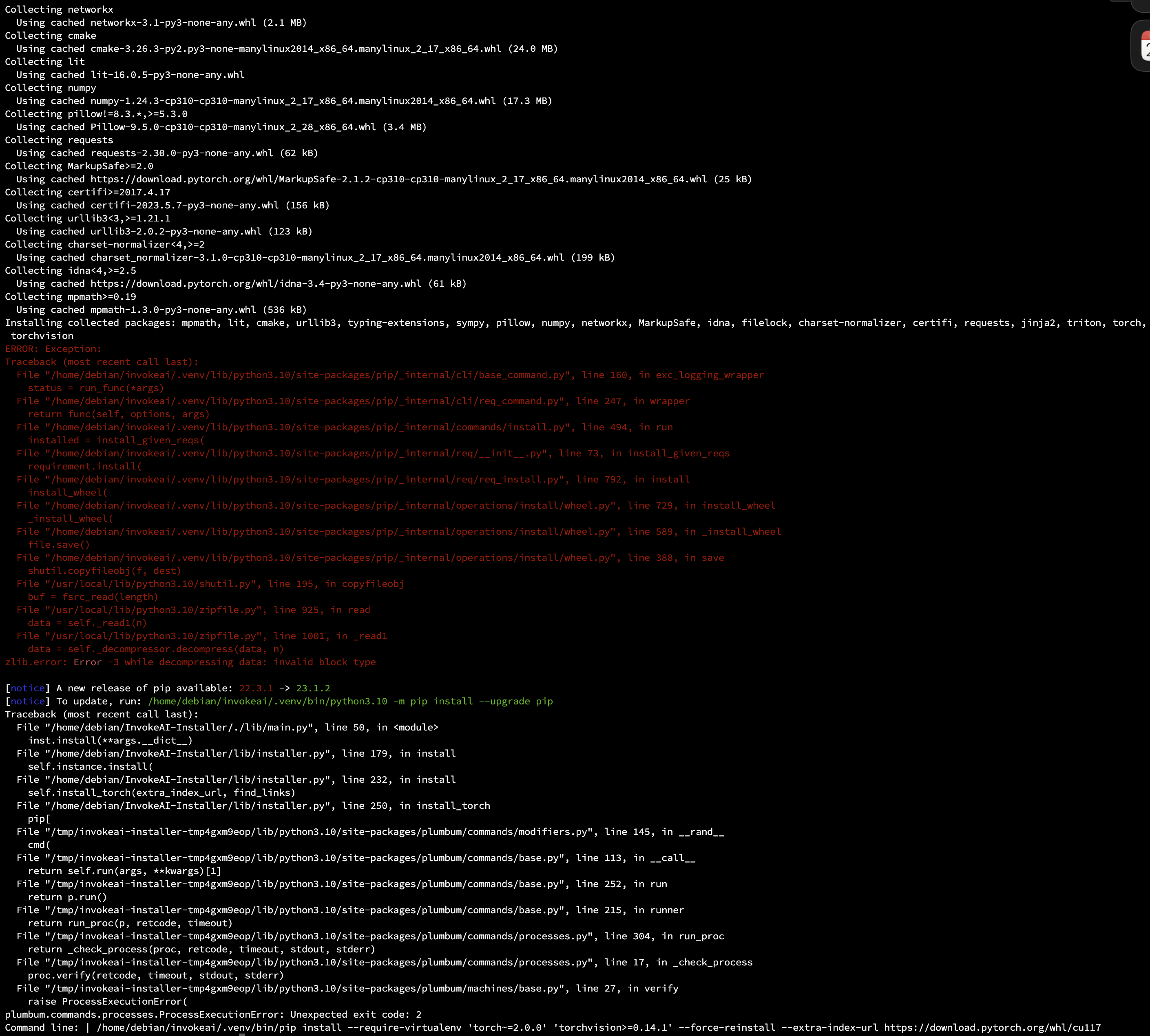 [bug]: Debian 11 automated installation fails on PyTorch install · Issue #3440 · invoke-ai ...