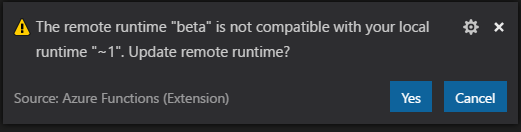 Deploy to Function app gives "The remote runtime "beta" is not compatible with your local ...