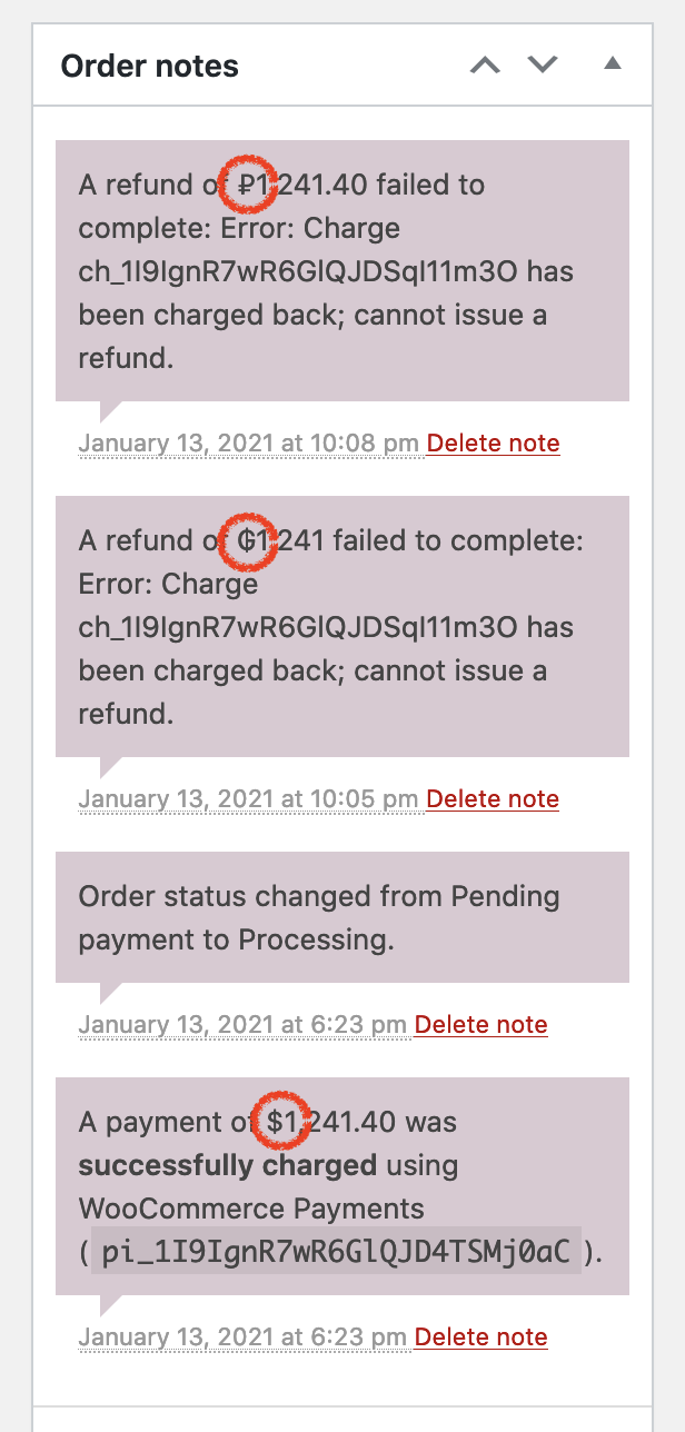 Incorrect currency could be shown on order notes added outside customer ...
