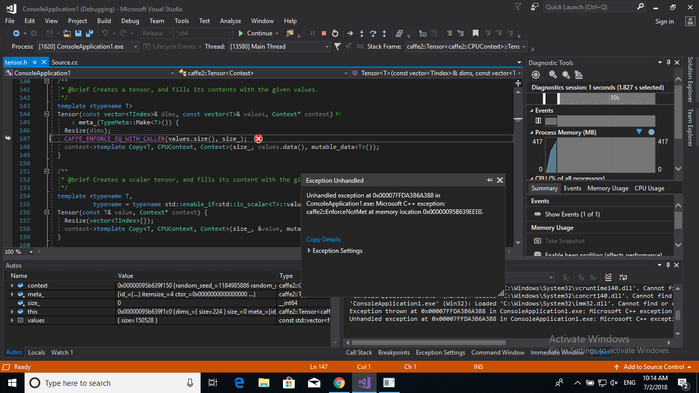(CAFFE_ENFORCE_EQ_WITH_CALLER tensor.h) caffe2 C++ windows10 runtime error! · Issue #9026 ...