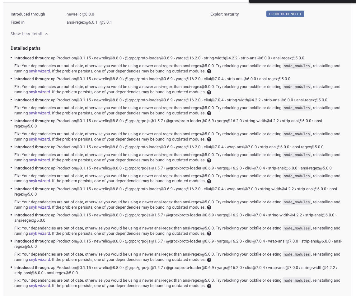 Outdated ansi-regex Regular Expression Denial of Service (ReDoS) · Issue #1105 · newrelic/node ...