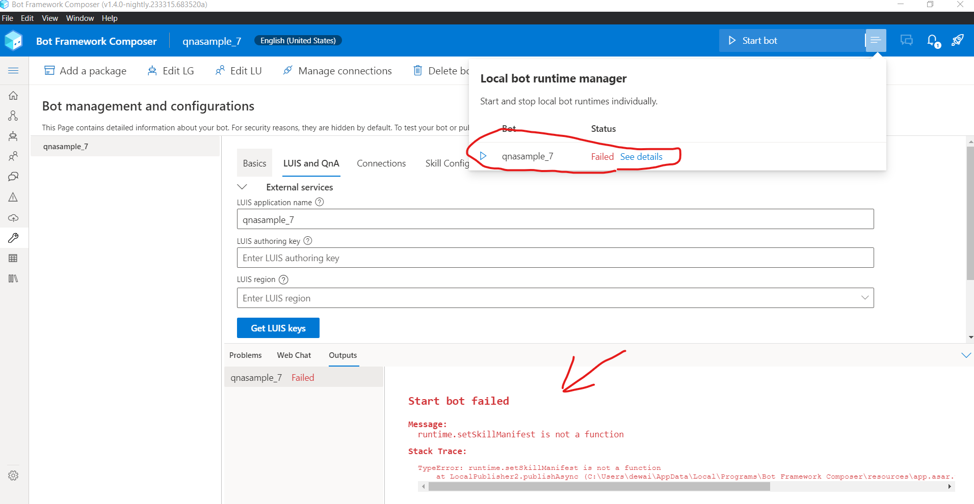 When creating a QnA Maker Bot from template get Start bot failed · Issue #6831 · microsoft ...