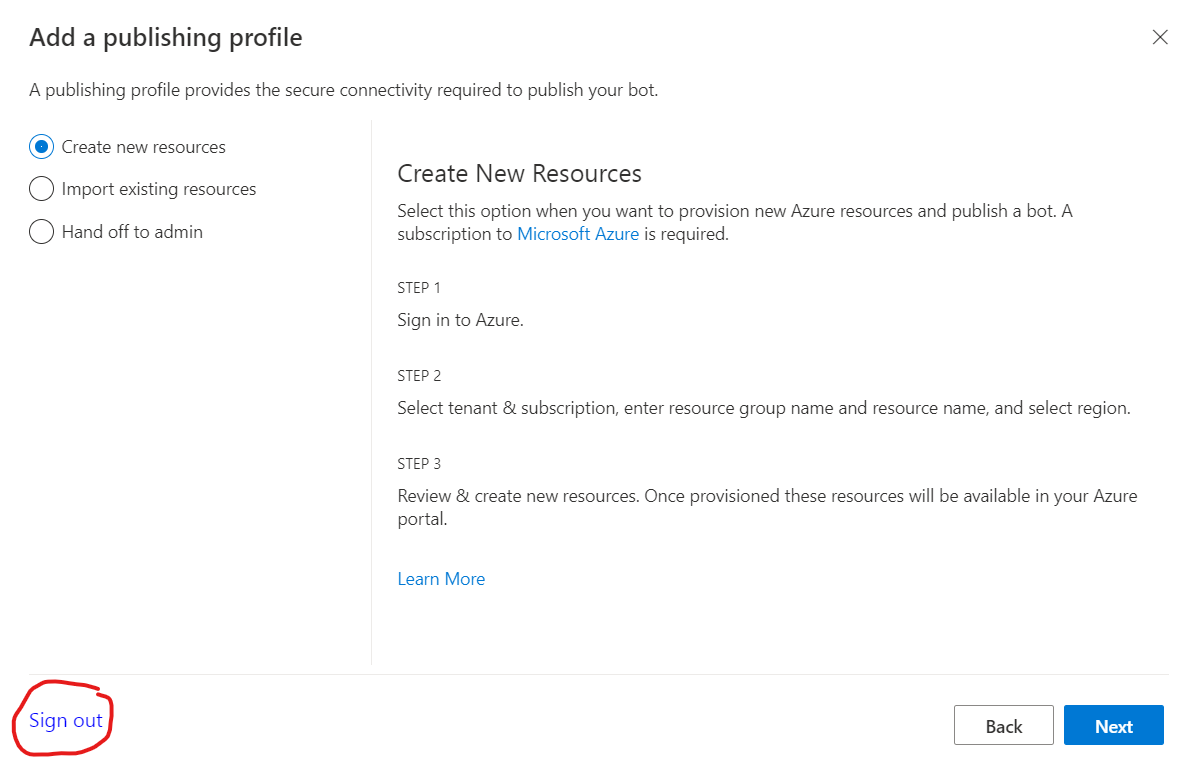 When signed out of provisioning flow (Create Publishing Profile) still says sign out and won't ...