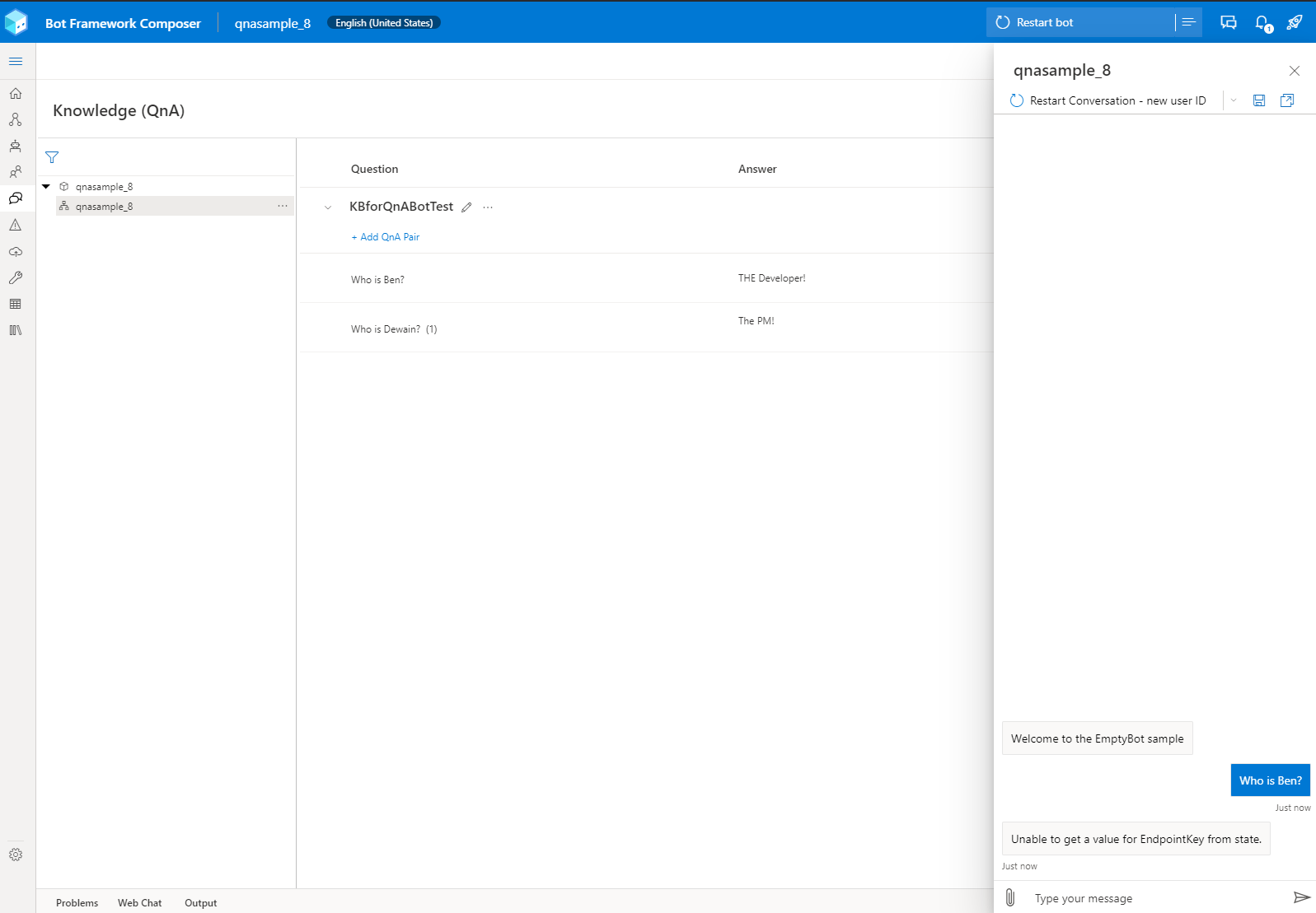 When starting a QnA Maker Bot with Start Bot getting "Unable to get value for EndpointKey from ...