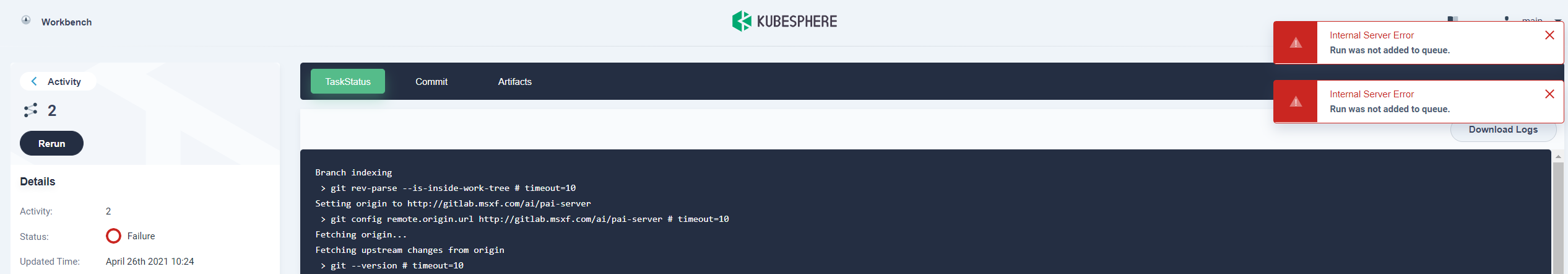 Failed to Rerun a pipeline · Issue #3810 · kubesphere/kubesphere · GitHub