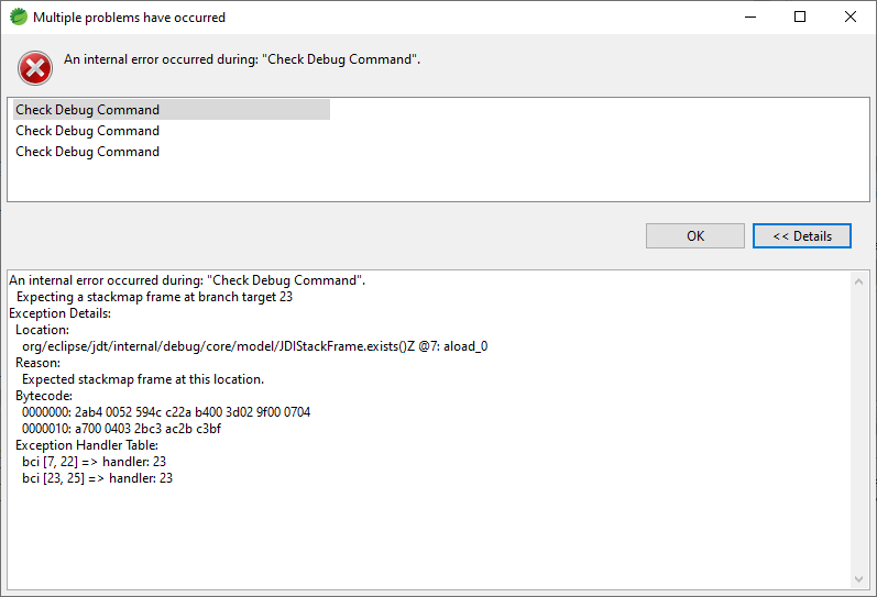 Debugging is not possible due to a 'An internal error occurred during ...