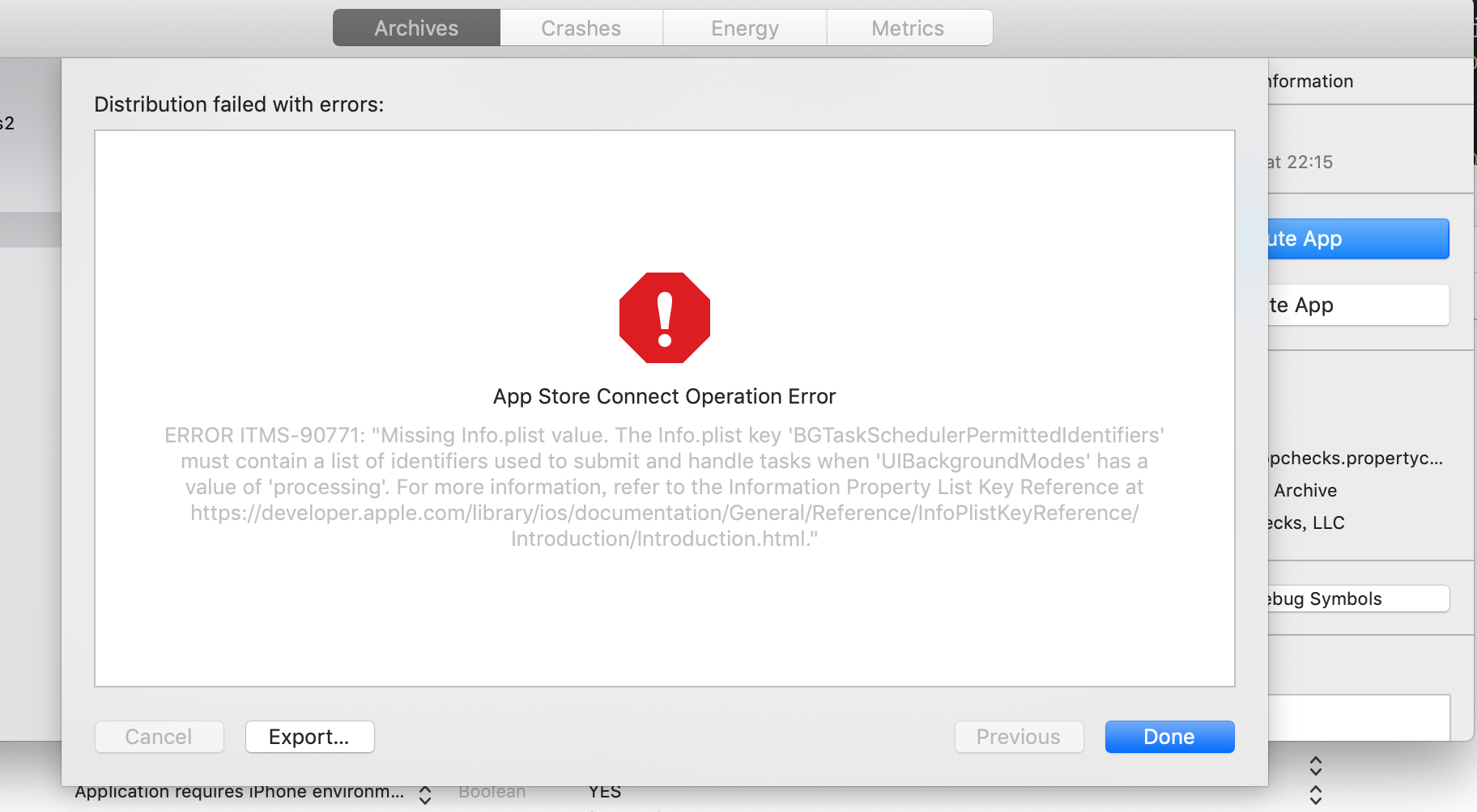 The Info.plist key 'BGTaskSchedulerPermittedIdentifiers' must contain a list of identifiers used ...
