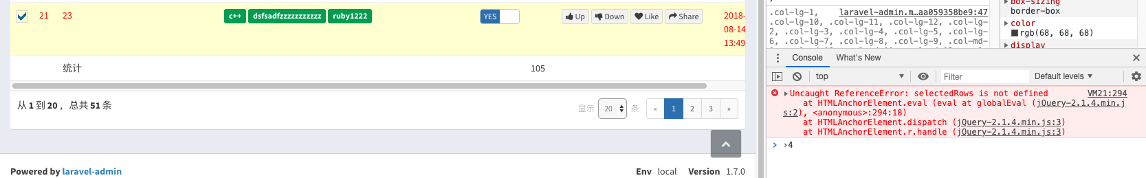 批量操作js报错 selectedRows is not defined · Issue #3521 · z-song/laravel-admin · GitHub