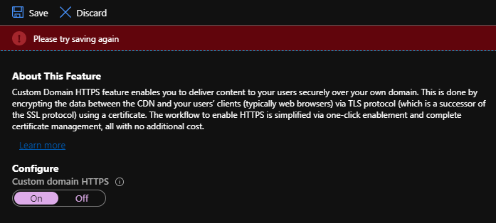 Enable-AzCdnCustomDomainHttps: Operation returned an invalid status ...