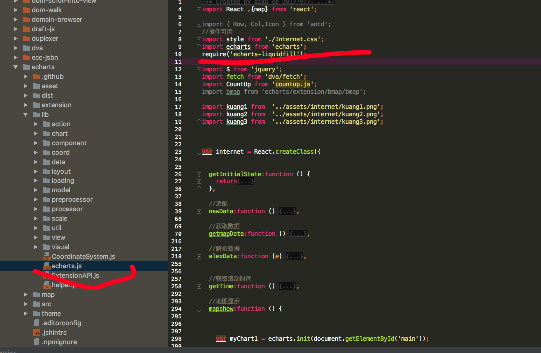 vue webpack 报 in mounted hook: "Error: Component series.liquidFill not exists. Load it first ...