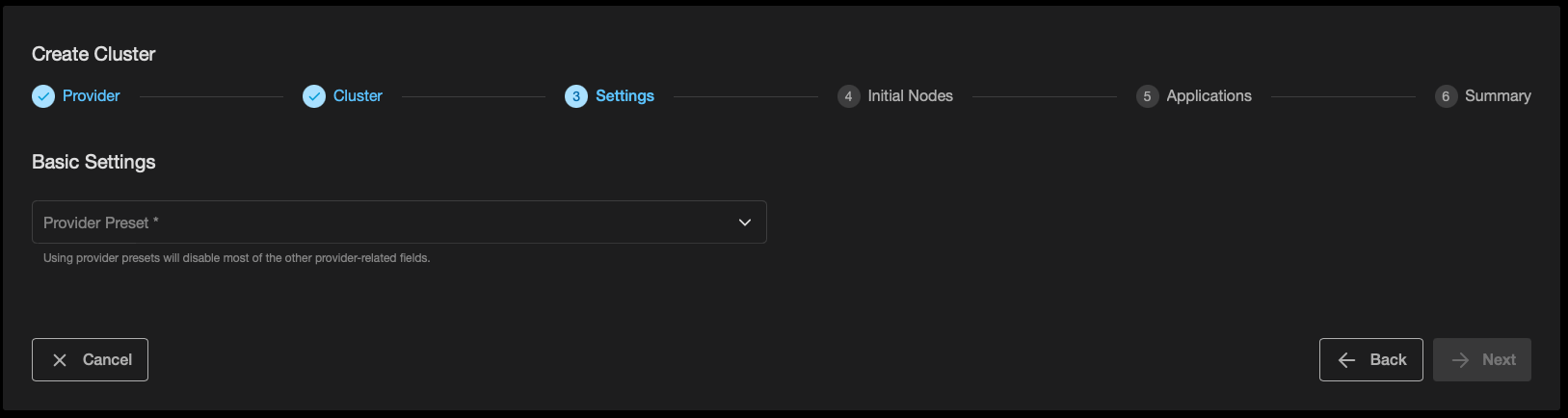 Choosing Kubeadm (BYO) provider than changing it to some other provides breaks the "Settings ...