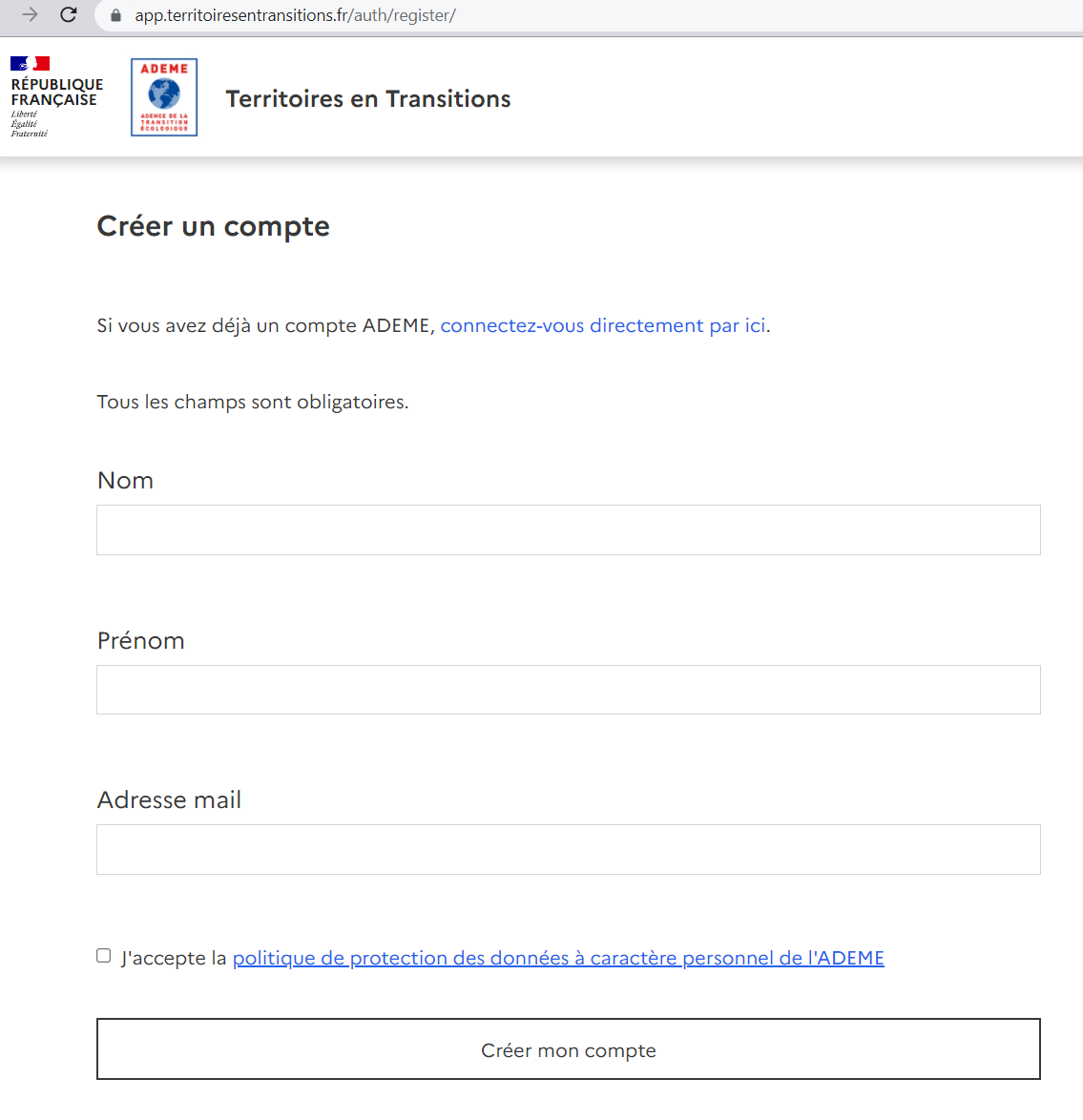 Affichage de la page création de compte · Issue #372 · incubateur-ademe/territoires-en ...