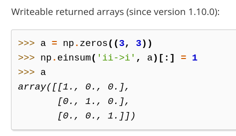DOC: einsum examples of diagonalising and writeable view · Issue #22029 ...