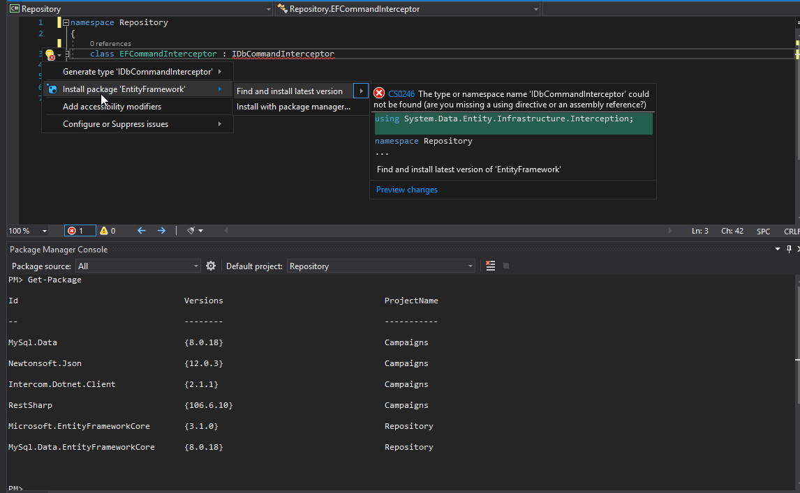 Issue with the interception of database operations in EF Core 3.1, cannot access ...