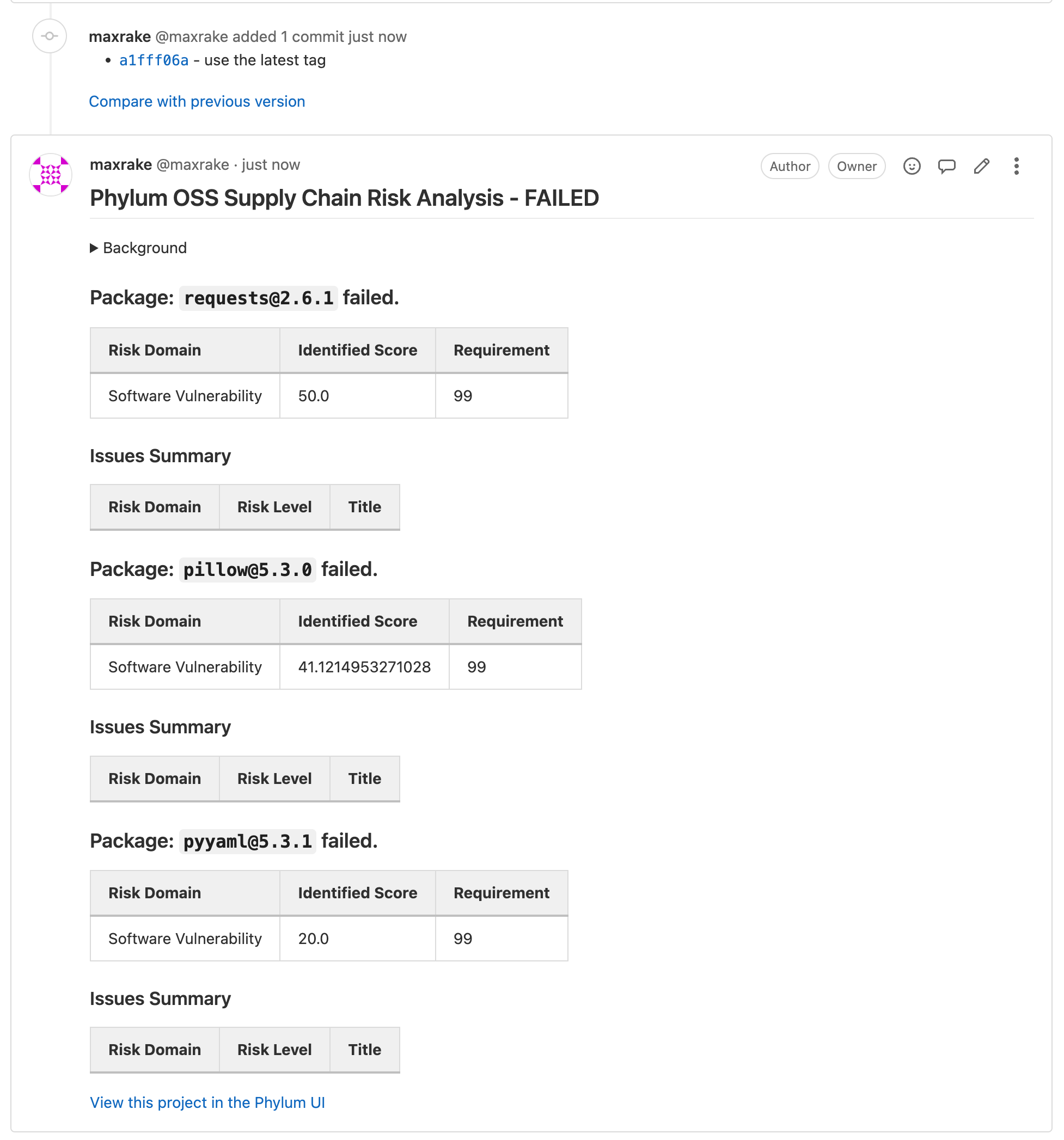 Issues details for failing packages are not reported · Issue #40 · phylum-dev/phylum-ci · GitHub
