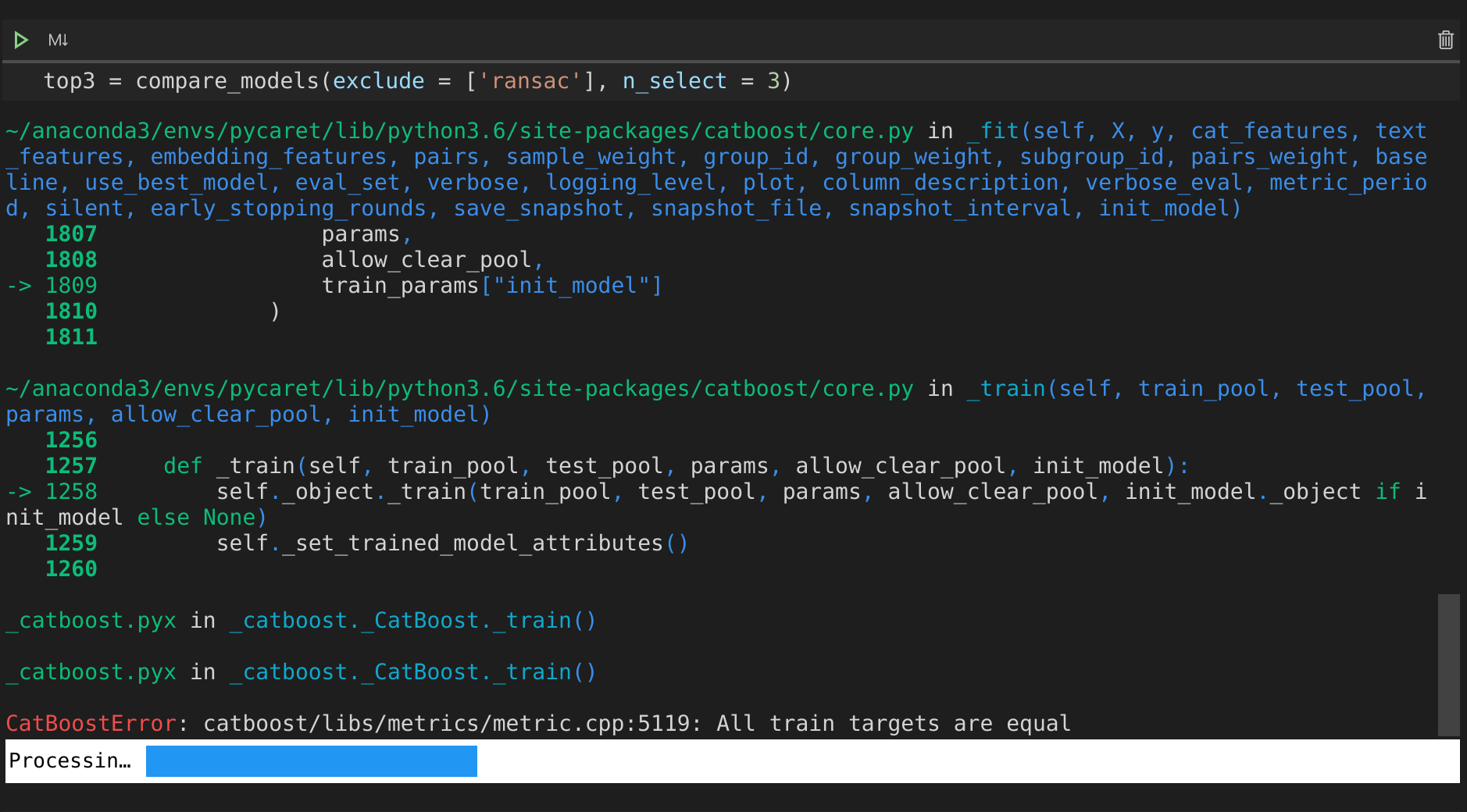 catboost/libs/metrics/metric.cpp:5119: All train targets are equal · Issue #858 · pycaret ...