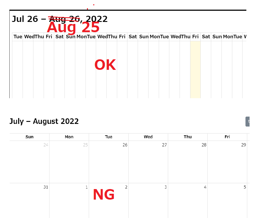 dayGrid switches to multiple rows (month view) when visibleRange is ...