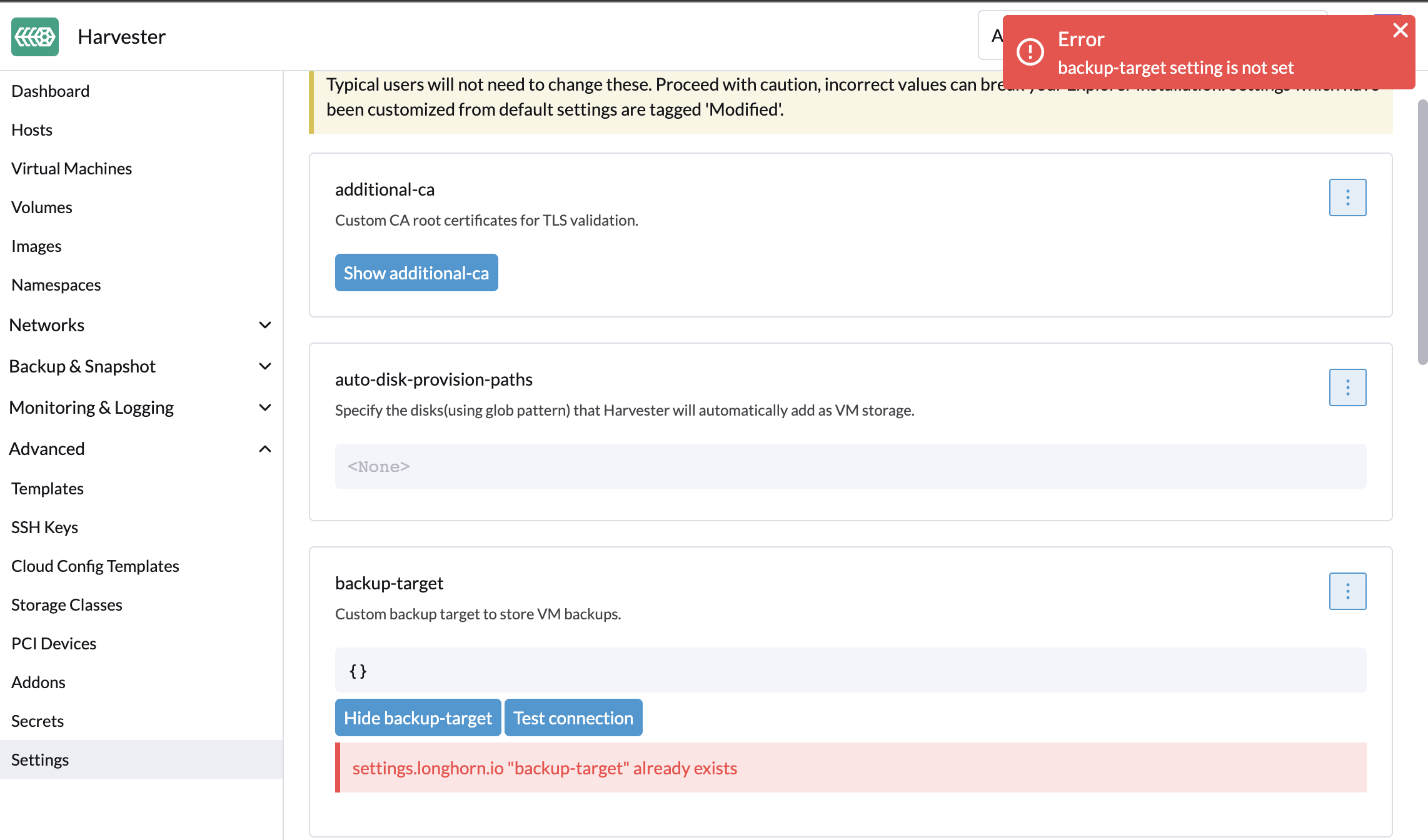 [BUG] Backup-target setting is not set but throw an error: "settings.longhorn.io "backup-target ...