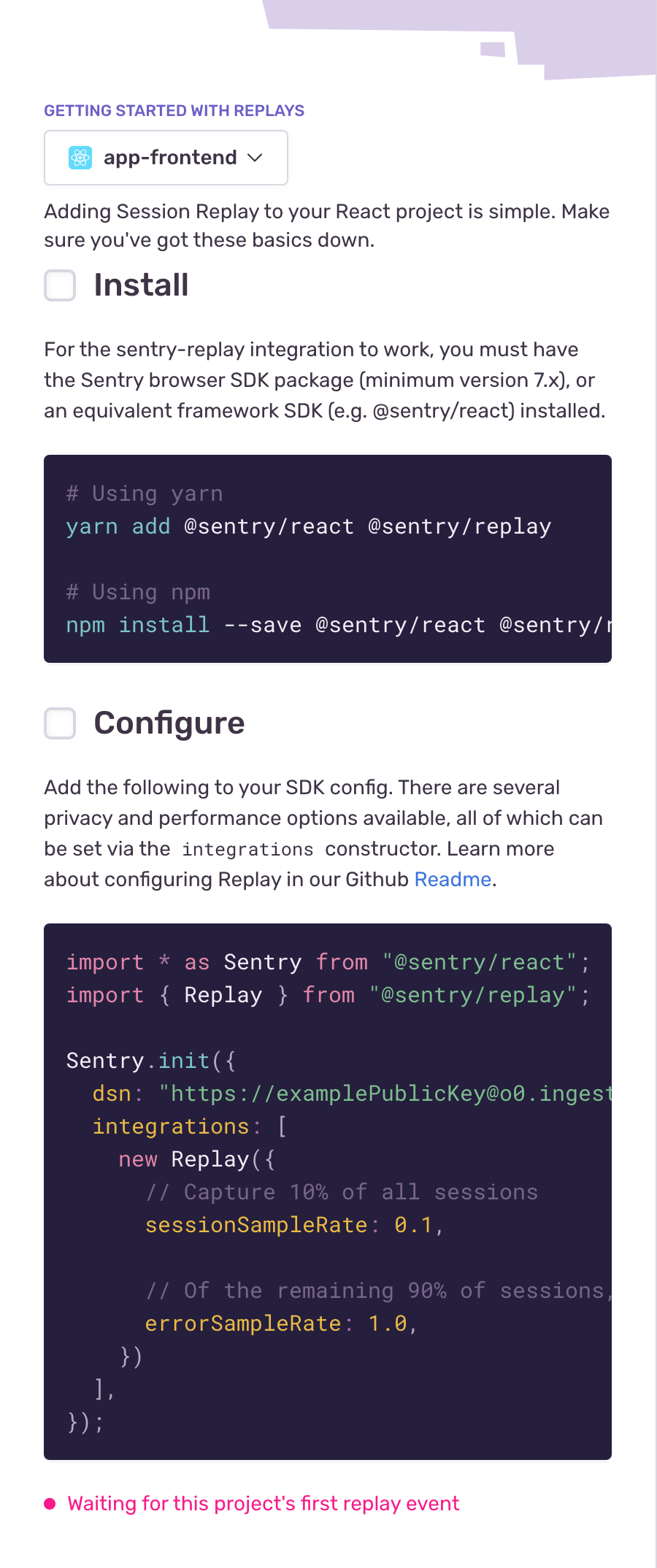 Implement the Onboarding steps for Replay · Issue #40787 · getsentry/sentry · GitHub