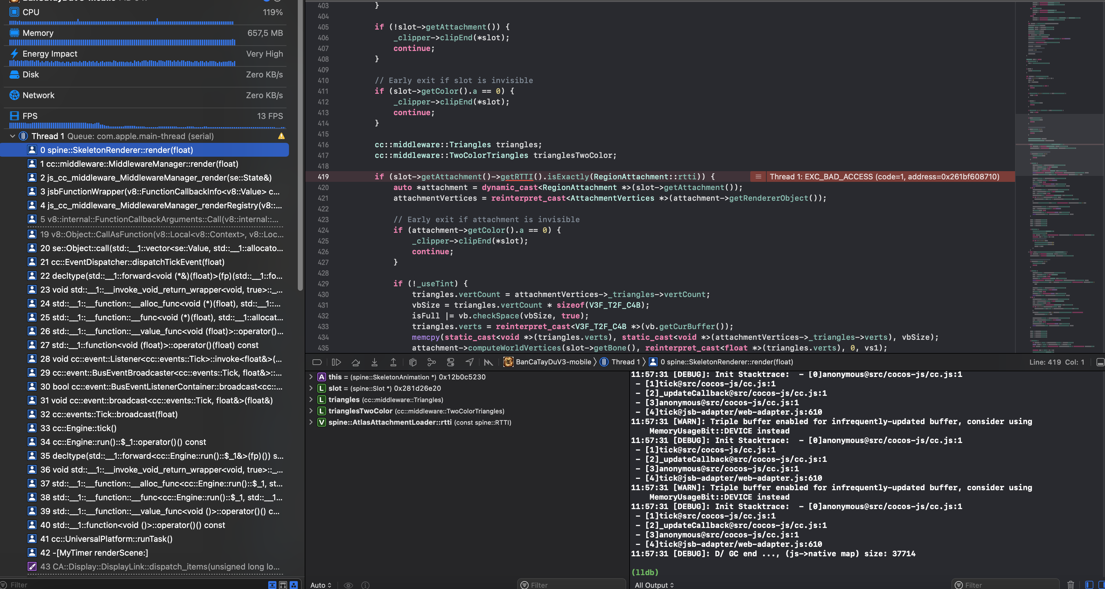 [V3.7.0] iOS app with spine crahsed with callstack: cc::middleware::MiddlewareManager::render ...