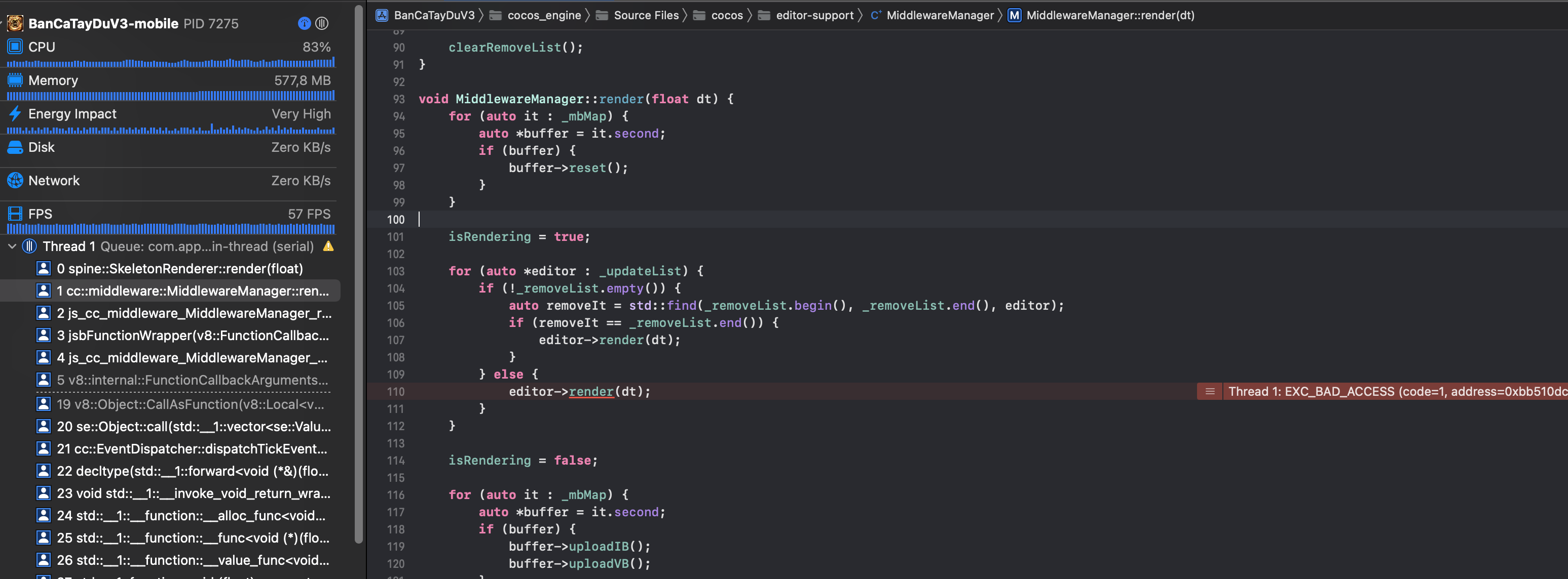 V370 Ios App With Spine Crahsed With Callstack Ccmiddlewaremiddlewaremanagerrender