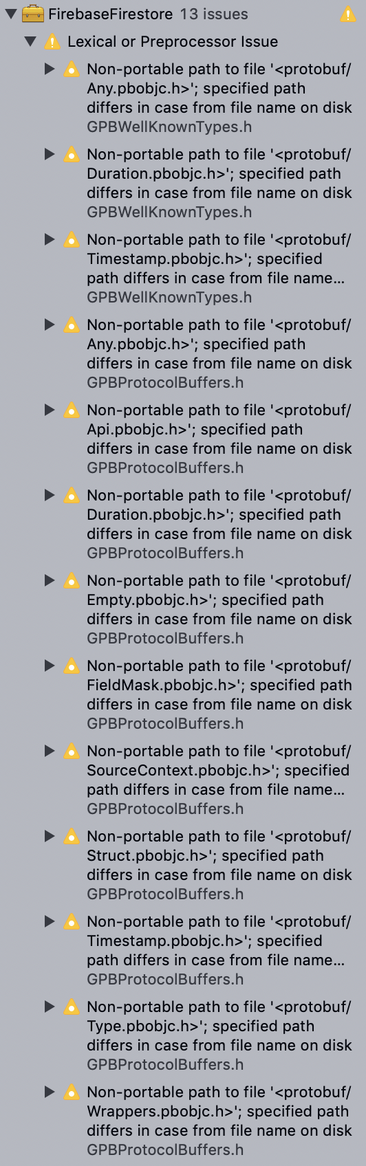 Non-portable path warnings from Protobuf pod · Issue #2665 · firebase/firebase-ios-sdk · GitHub